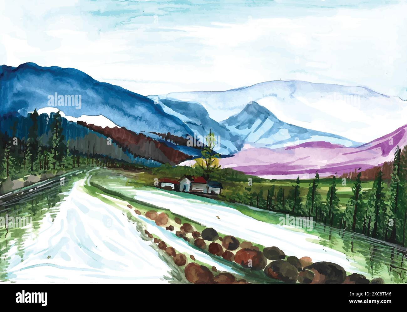 Hand draw mountain landscape scene watercolor background Stock Vector ...