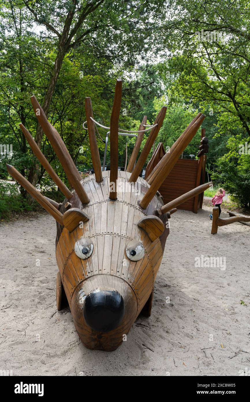 A giant wooden hedgehog model in a playground at 'Het Meerdal', Cener ...