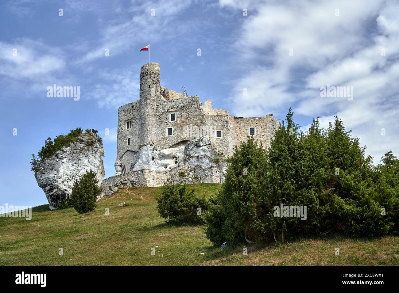 Ruins of a medieval castle on limestone rocks in the village of Mirow ...