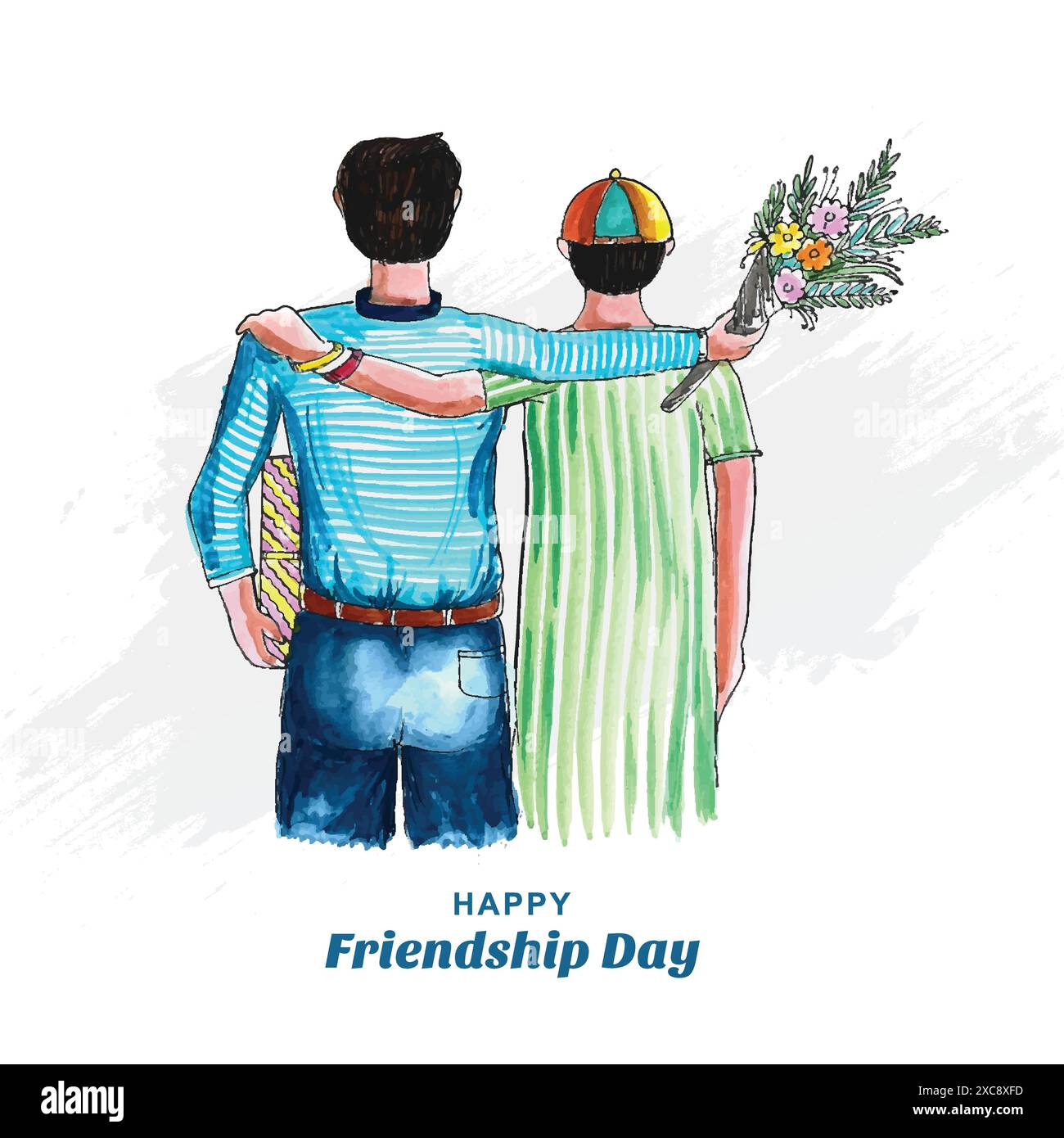 Happy friendship day greeting card with back view of two men friends ...