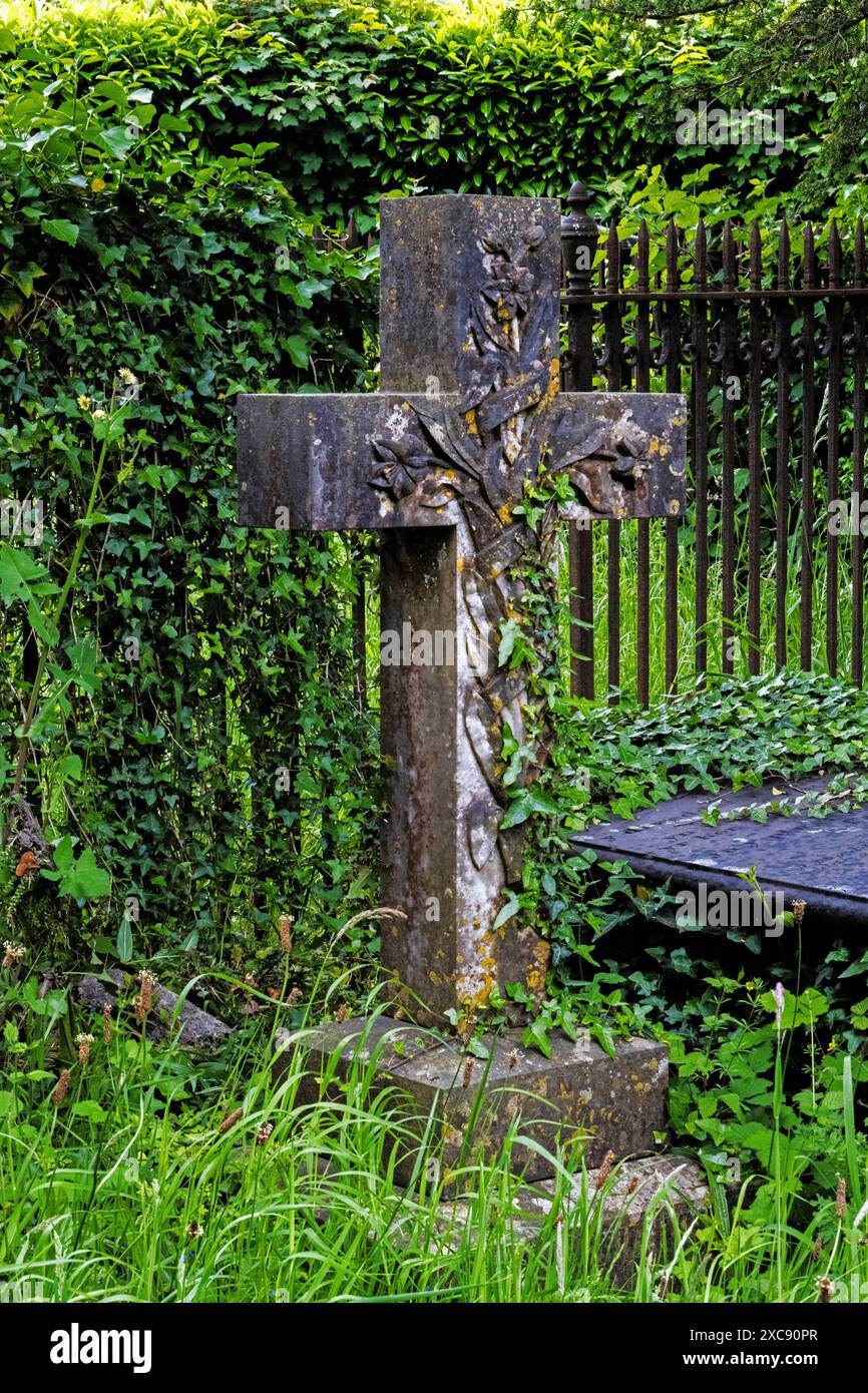Medieval carved cross grave marker. St Lucia, Llanwnnen, Ceredigion ...