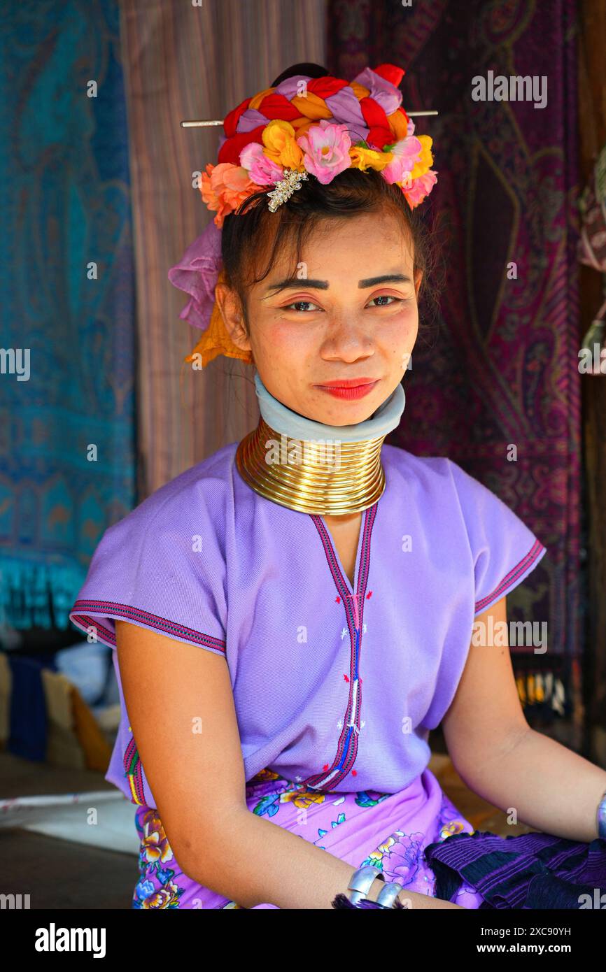 Kayan long-neck woman wearing brass neck rings in the Huay Pu Keng ...