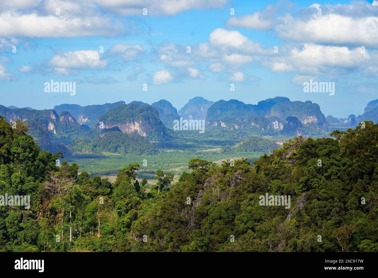 Limestone karst cliffs seen from the hilltop pagoda of the Wat Tham ...