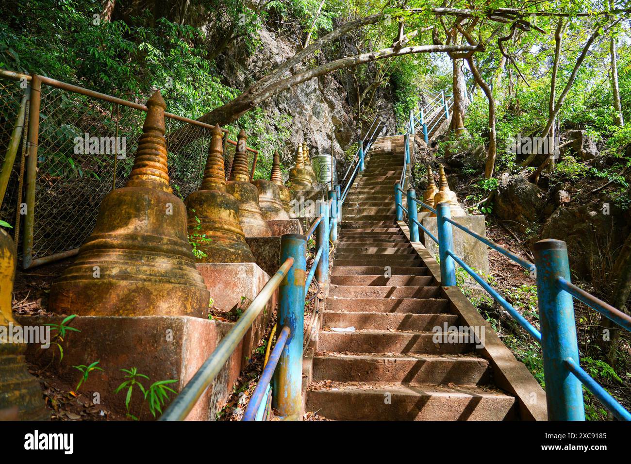 Steep stairs climbing up a limestone karst cliff through the rainforest ...