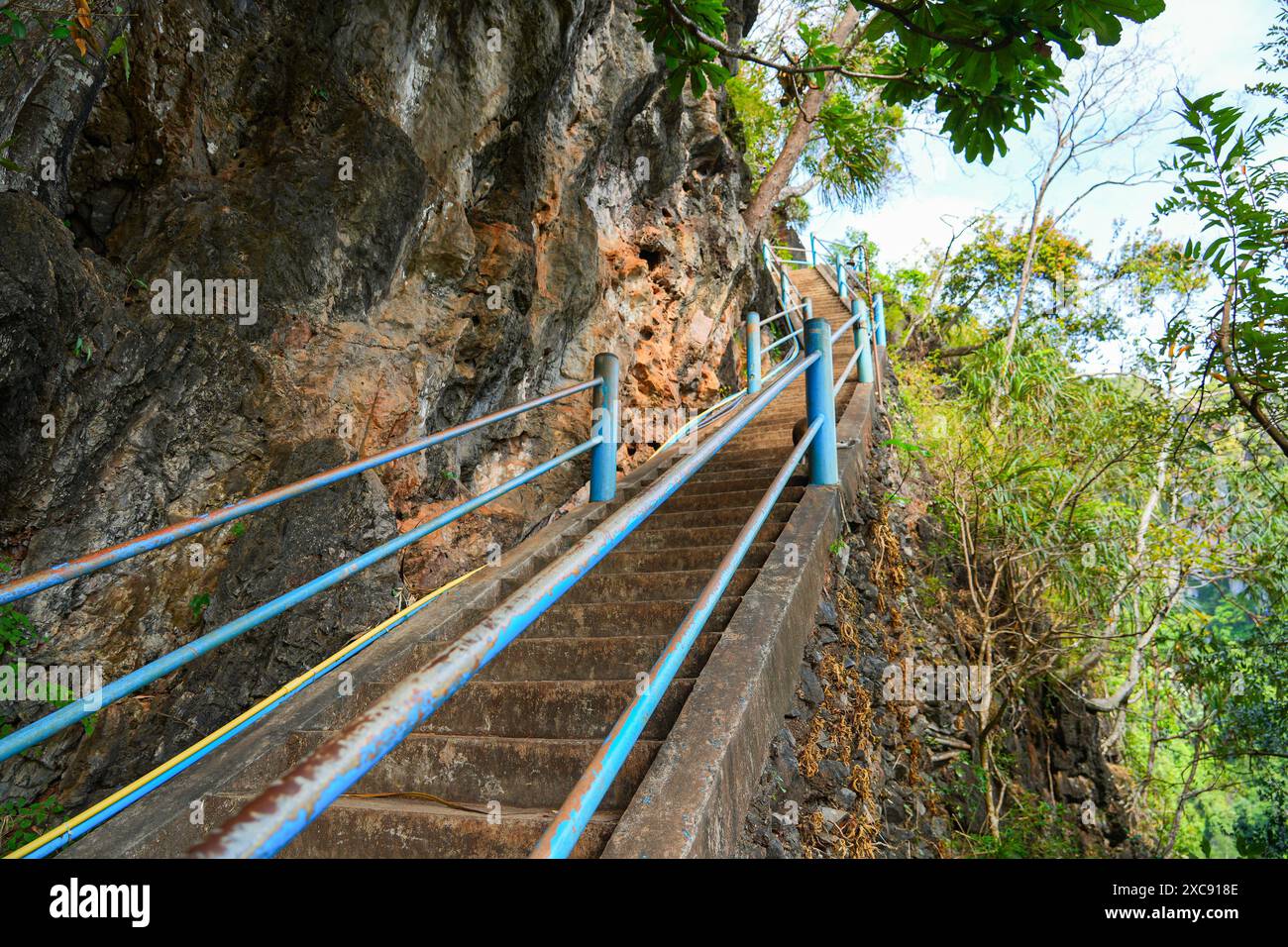 Steep stairs climbing up a limestone karst cliff through the rainforest ...