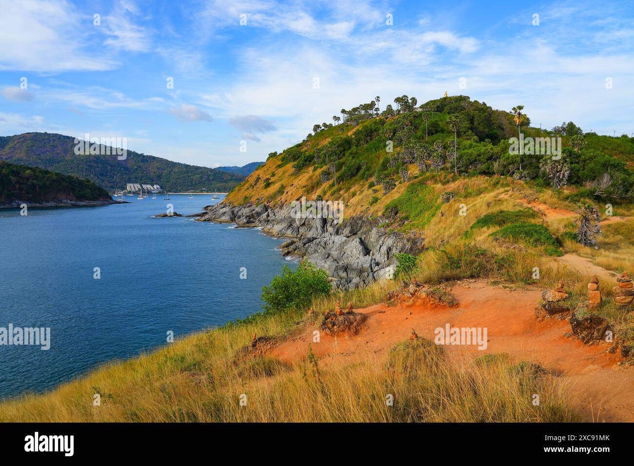 Grassy coastline of Promthep Cape, the southernmost point of Phuket ...