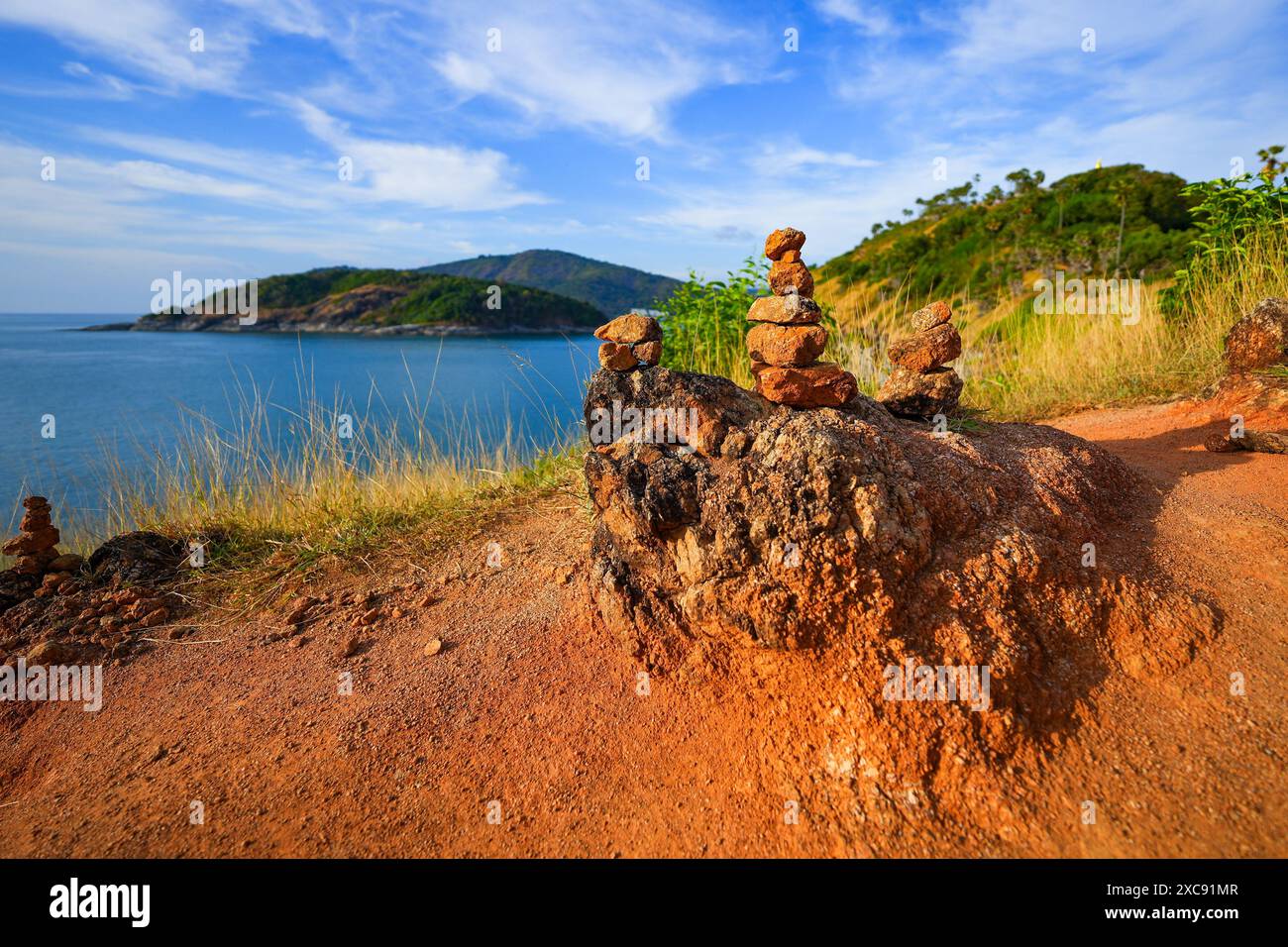 Stack of pebbles left by hikers on Promthep Cape, the southernmost ...