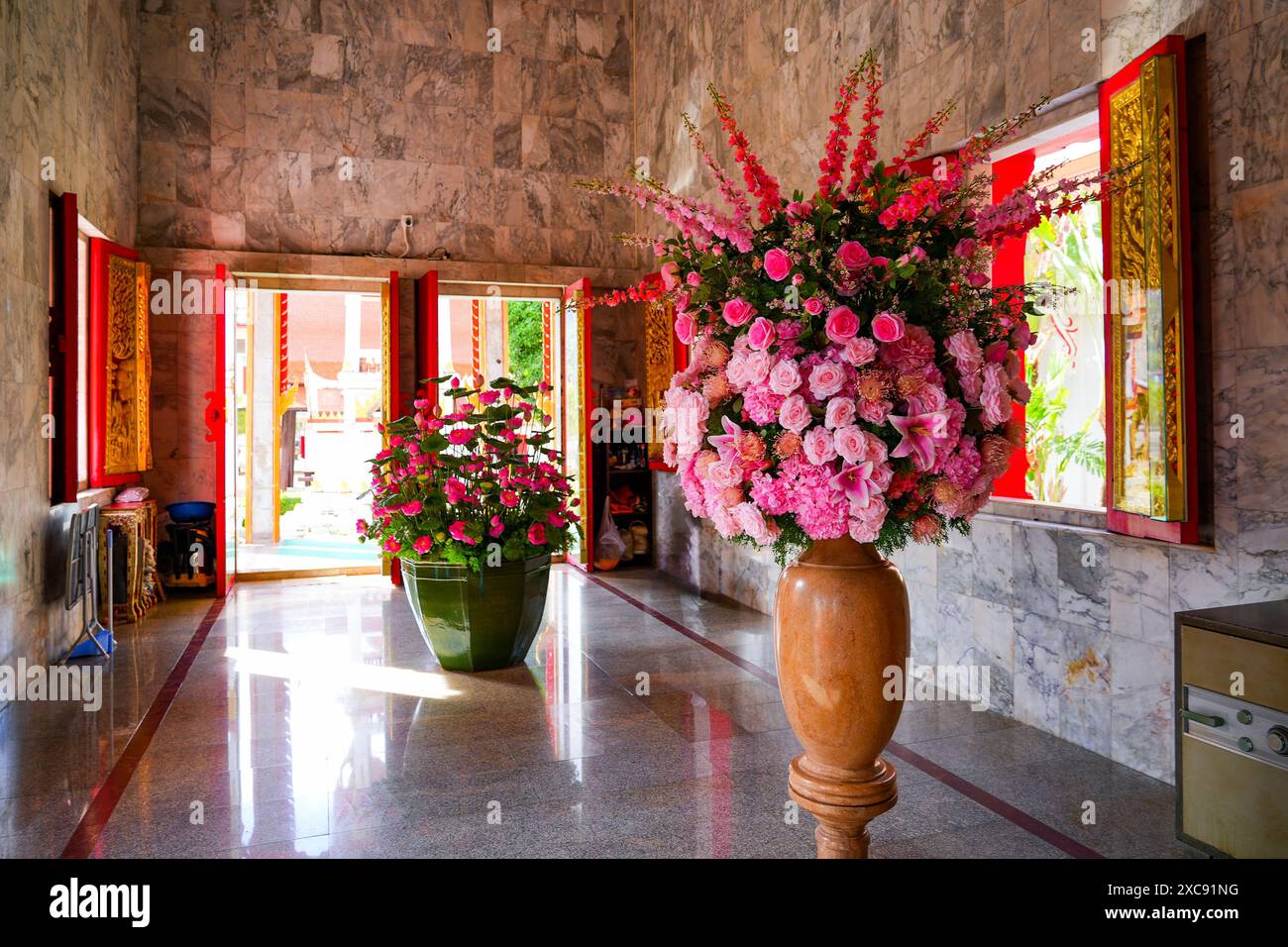 Flower pots in the Wat Chalong, a 19th century Buddhist temple on ...