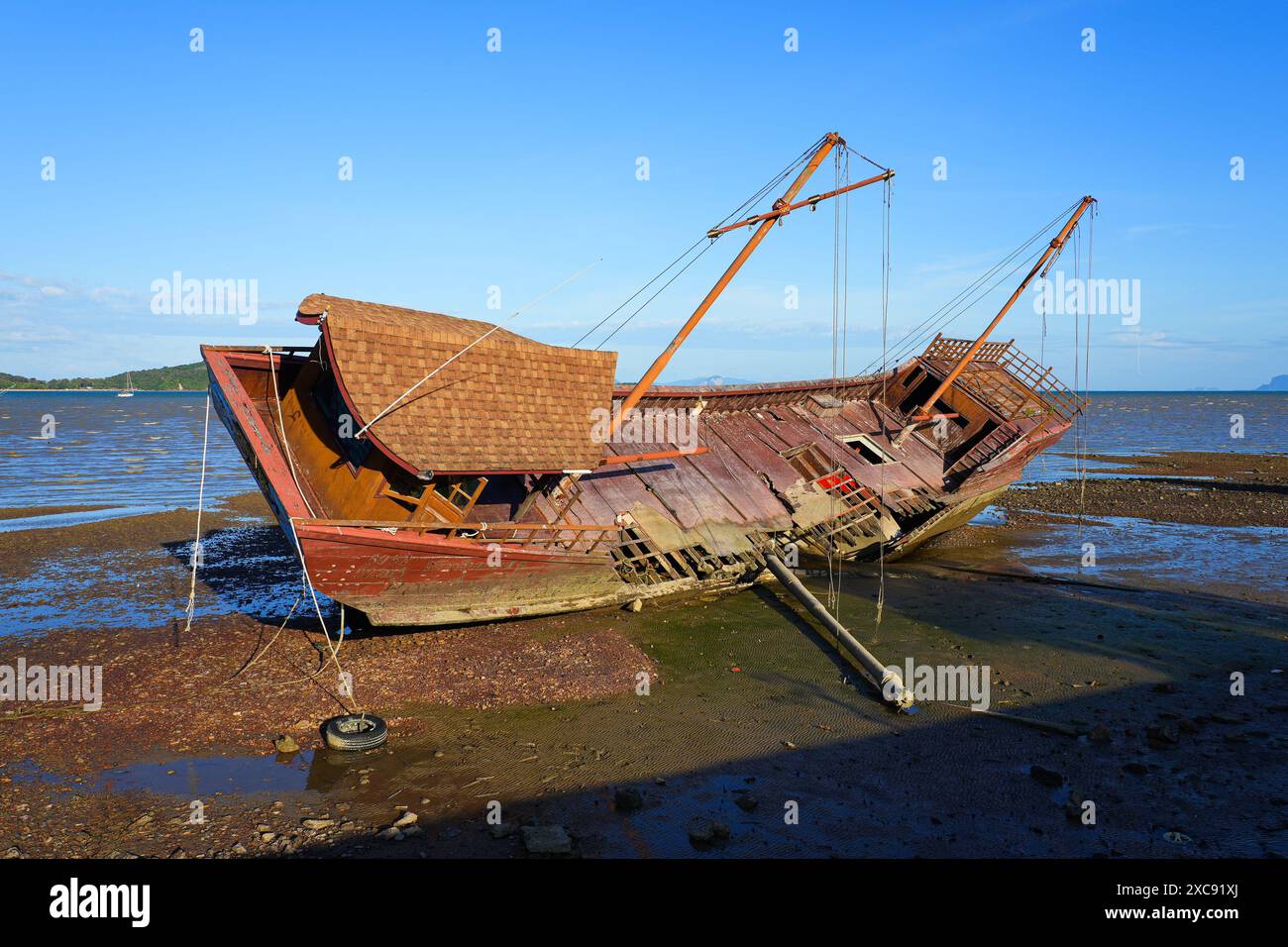 Stranded wooden shipwreck in Lanta Old Town, aka Ban Lanta is a small ...