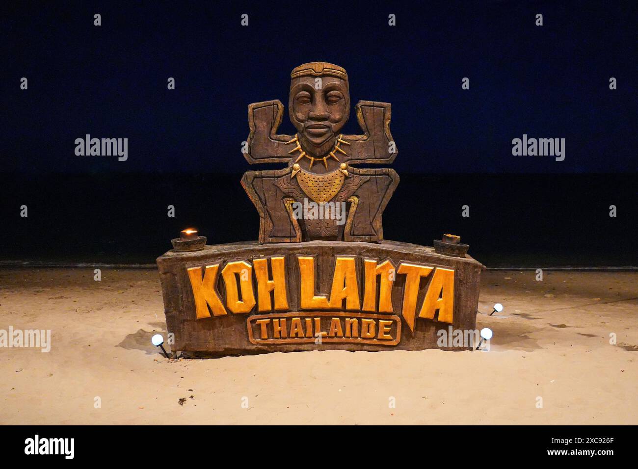 God-like figure decor on Ba Kantiang Beach, used for the French reality ...