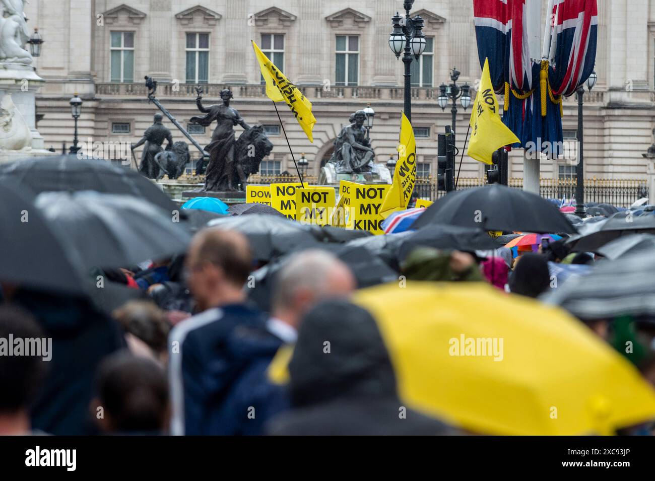 London, UK. 15 June 2024. Anti-monarchy protesters by Buckingham Palace ...