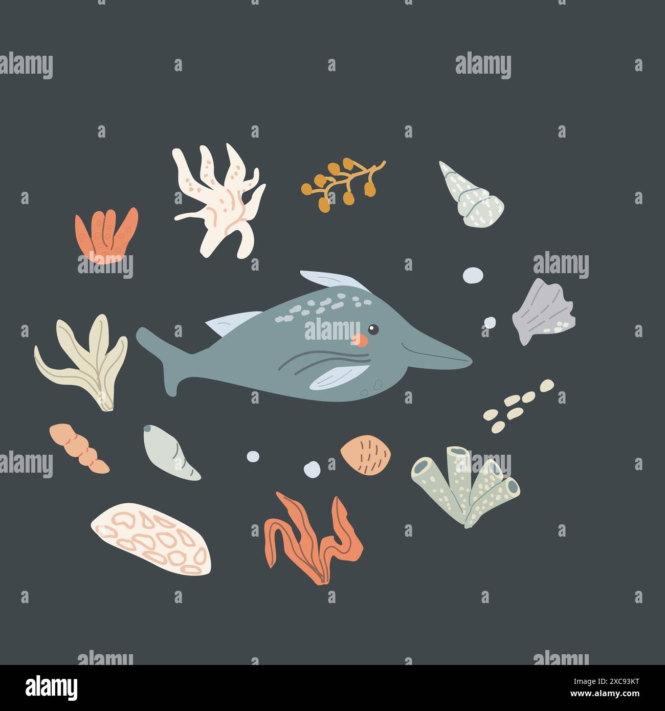 Childrens sea animal background with shell. Nautical elements card ...