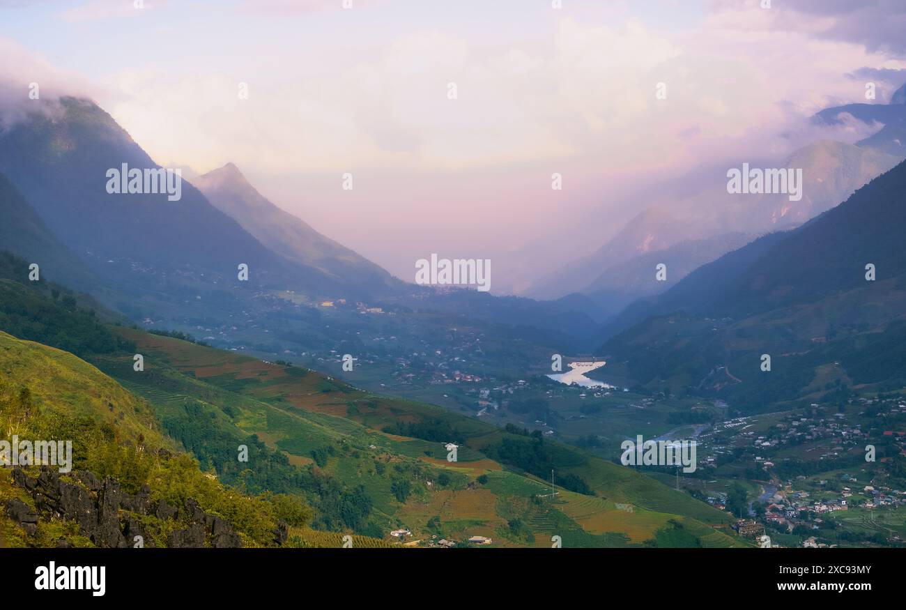 View of Sapa Town, Lao Cai Province, North Vietnam. Lash green valley ...