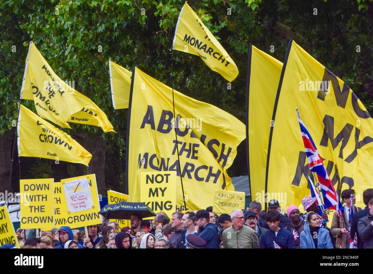 London, UK. 15th June, 2024. Anti-monarchy protesters hold 'Down with ...