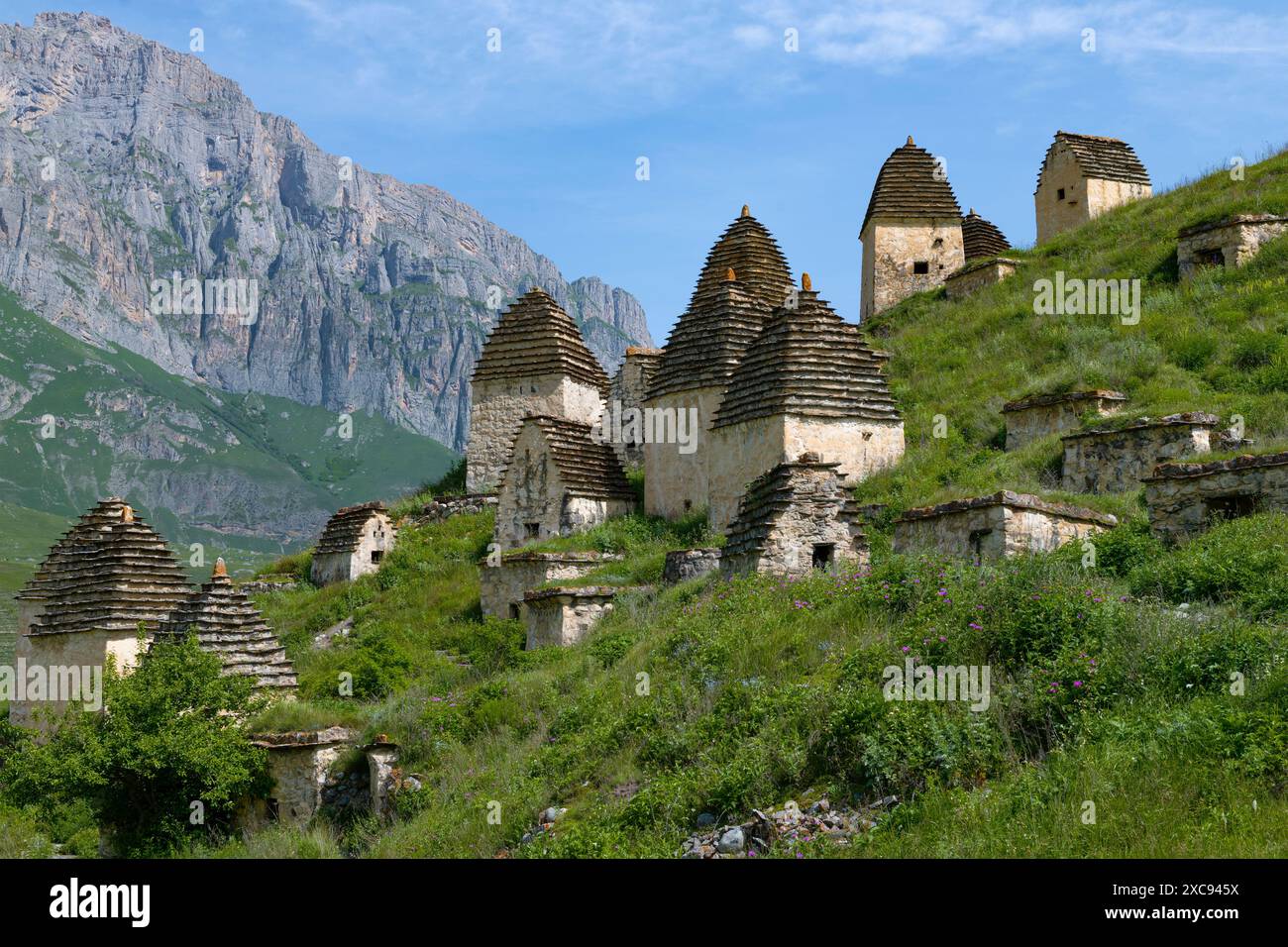Sunny summer day in the ancient City of the Dead (Dargavs). North ...