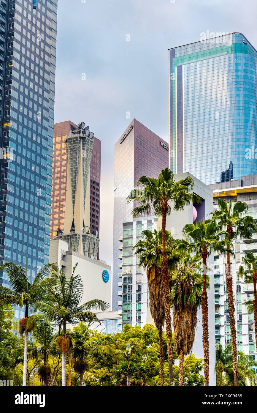 Skyscrapers in Downtown Los Angeles overlooking Pershing Square park ...