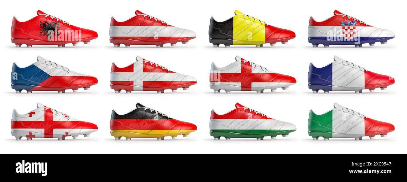 Set of soccer football boots with european flags painted on its ...