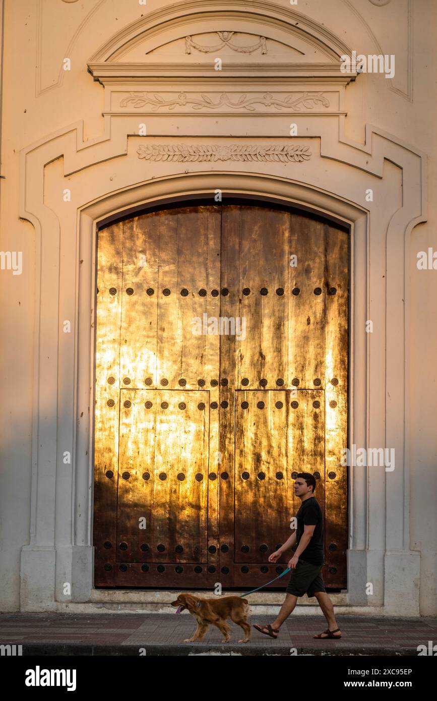 Man walking a dog past Leon Cathedral, a UNESCO World Heritage Site ...