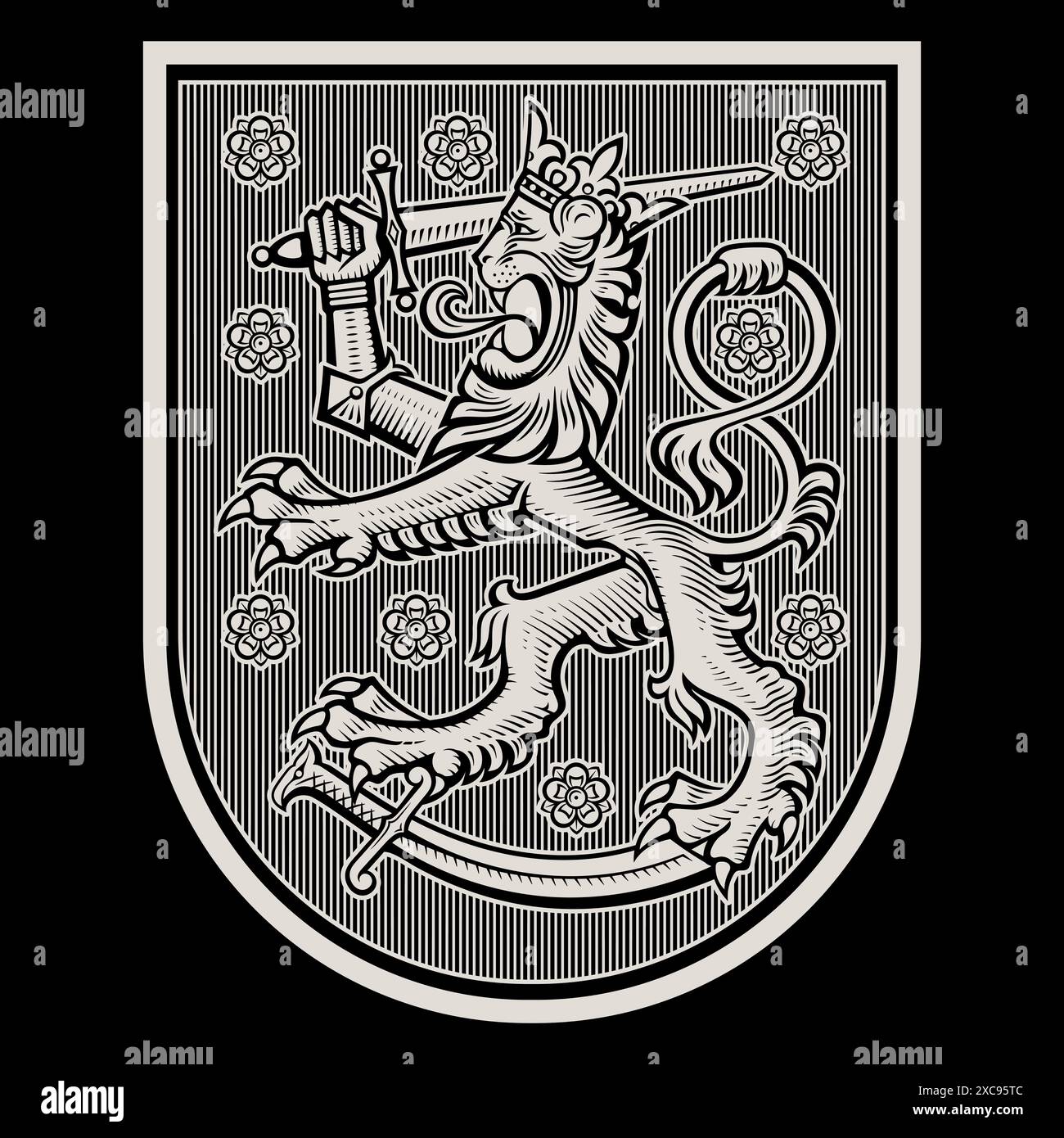 Finnish coat of arms. Heraldic lion and Viking sword drawn in a vintage ...
