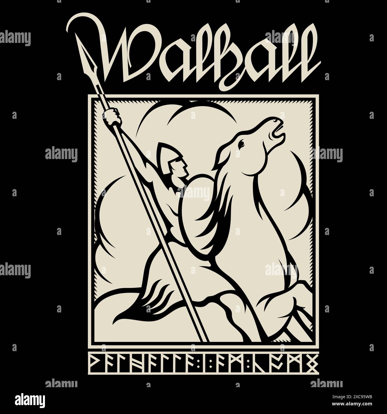 Old Norse, Viking design. Viking warrior on war horse with spear and ...