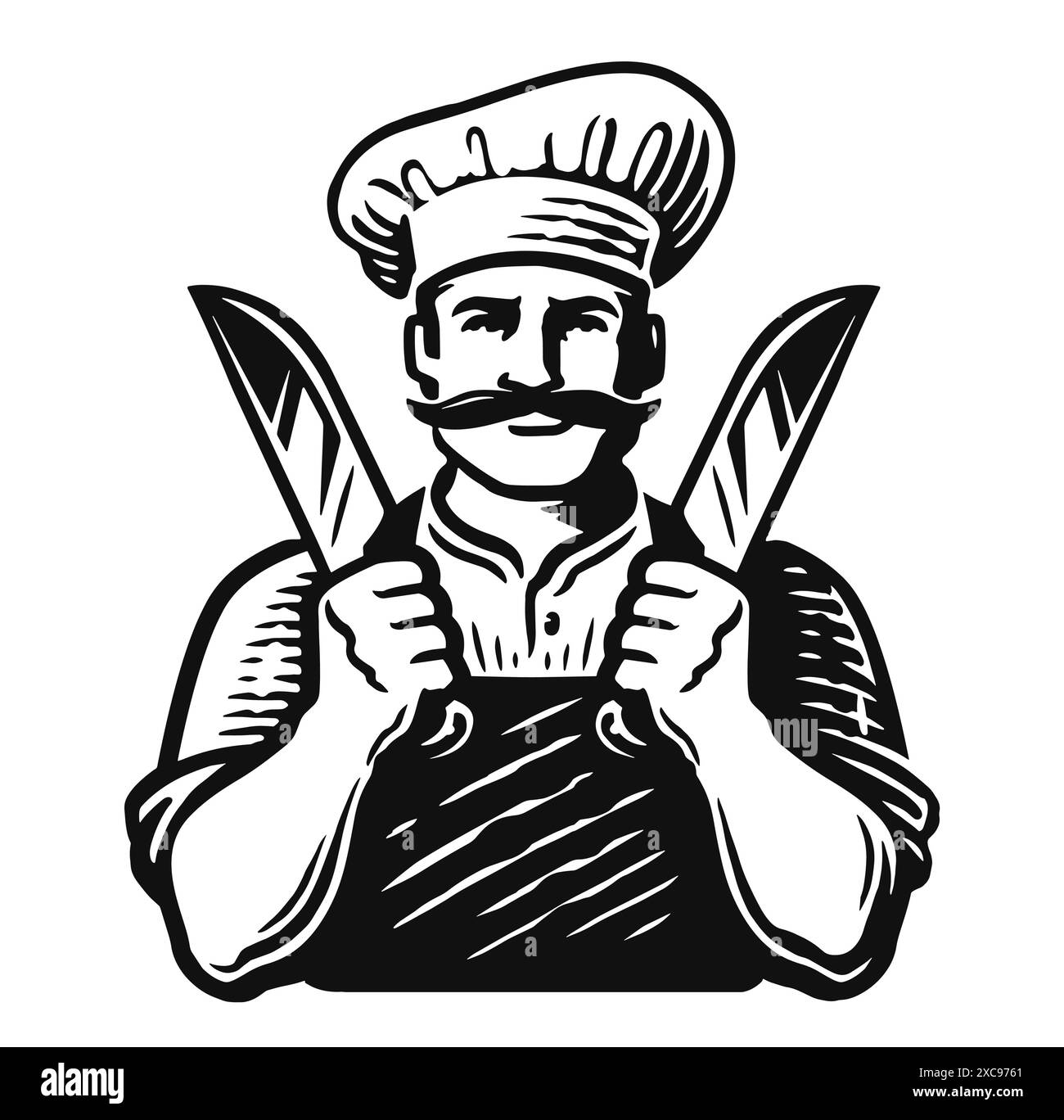 Chef with knives. Butcher shop logo. Male cook in hat vector ...