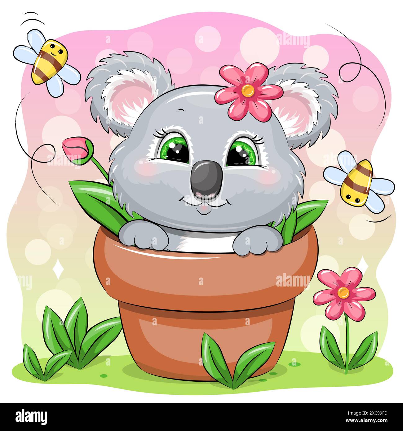 Cute cartoon koala in a flower pot with flowers and bees. Vector ...