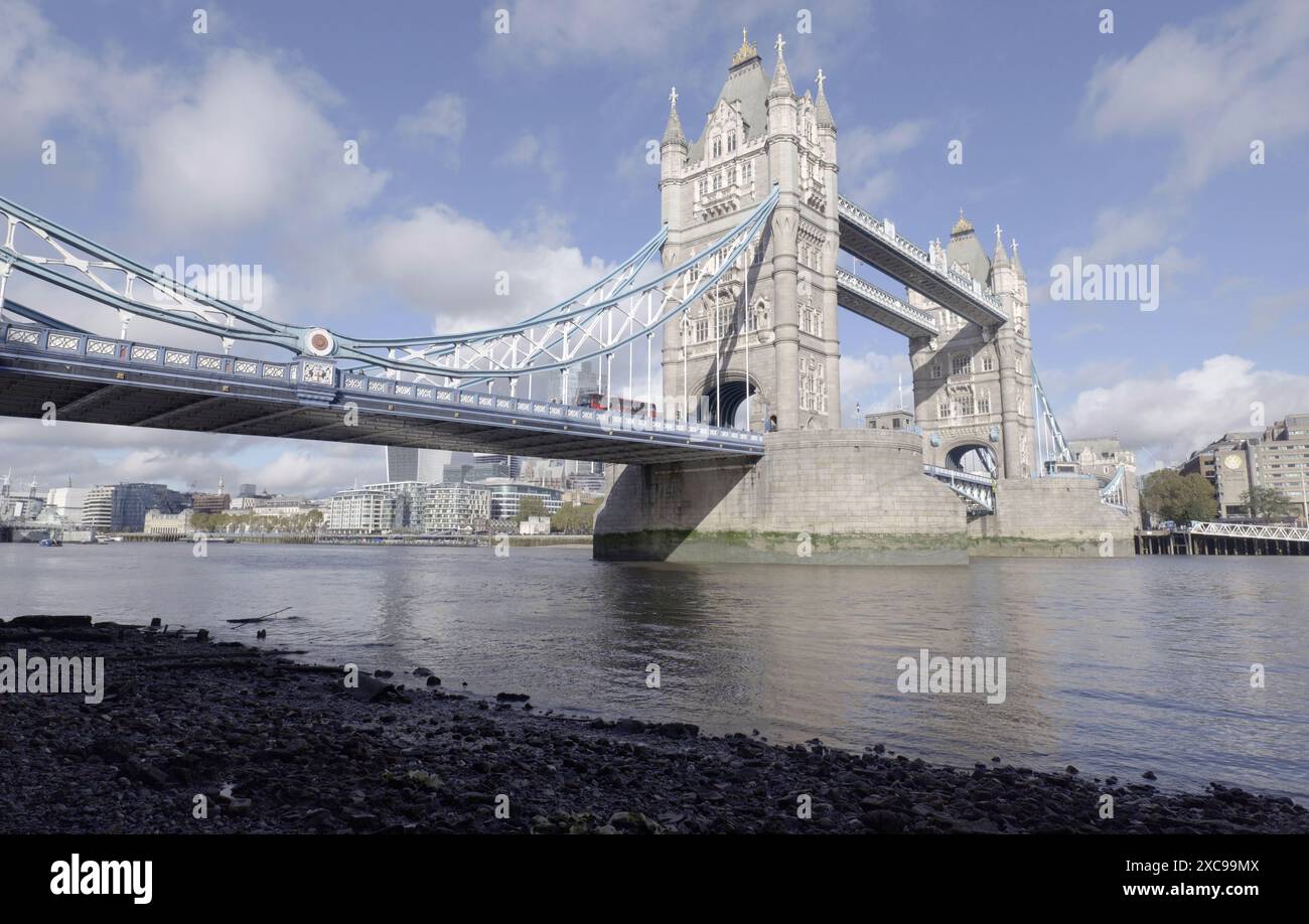 Tower Bridge blue sky London England low angle beautiful iconic ...