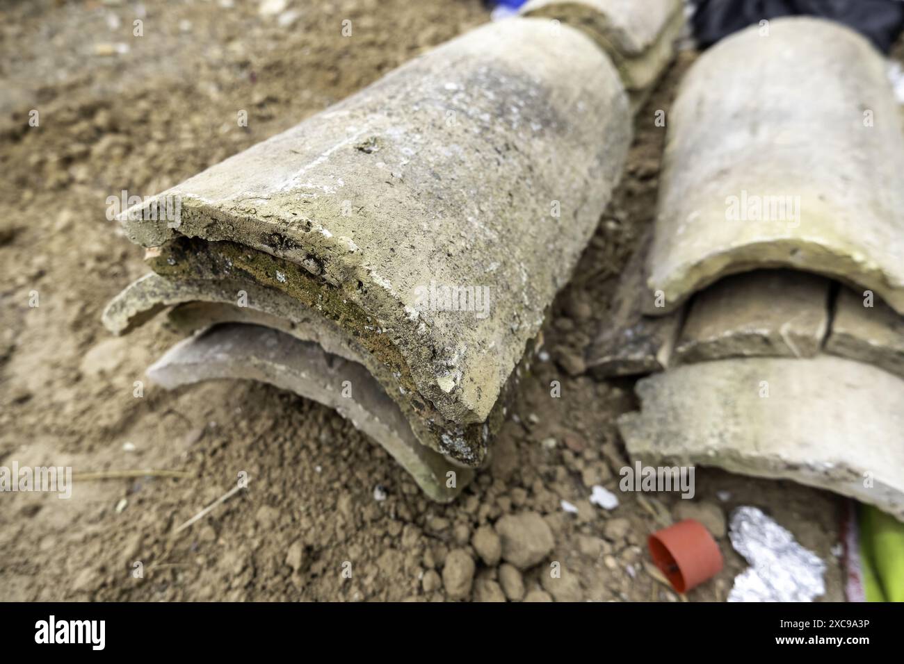 Detail of old baked clay tiles, protection for roofs Stock Photo - Alamy