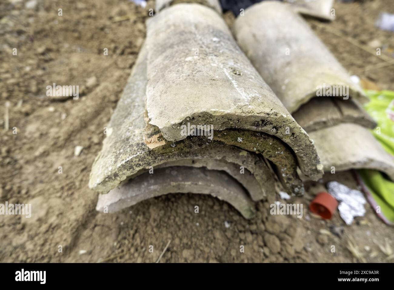 Detail of old baked clay tiles, protection for roofs Stock Photo - Alamy