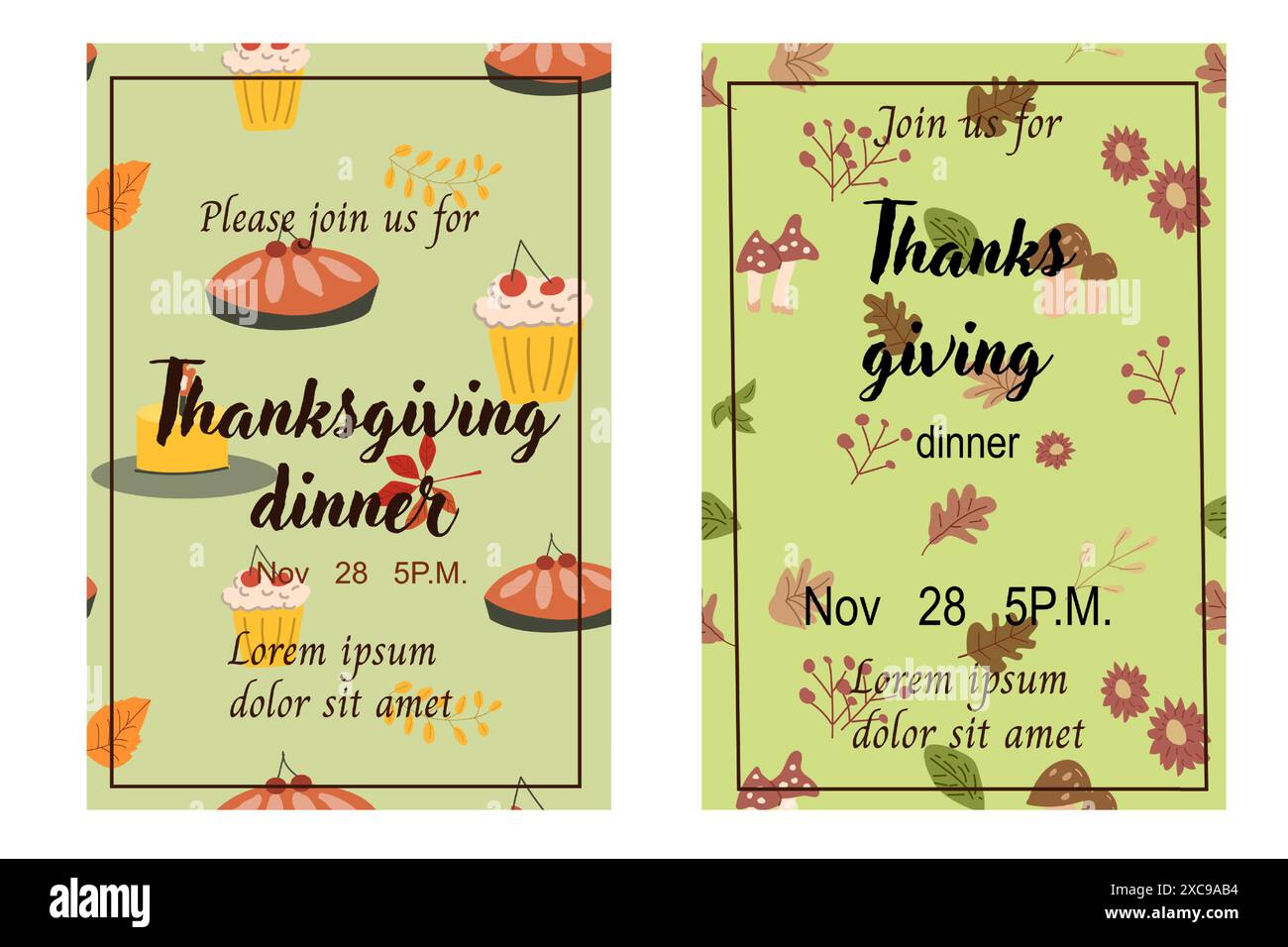 Fall thanksgiving invitation set. Autumn turkey day holiday posters ...