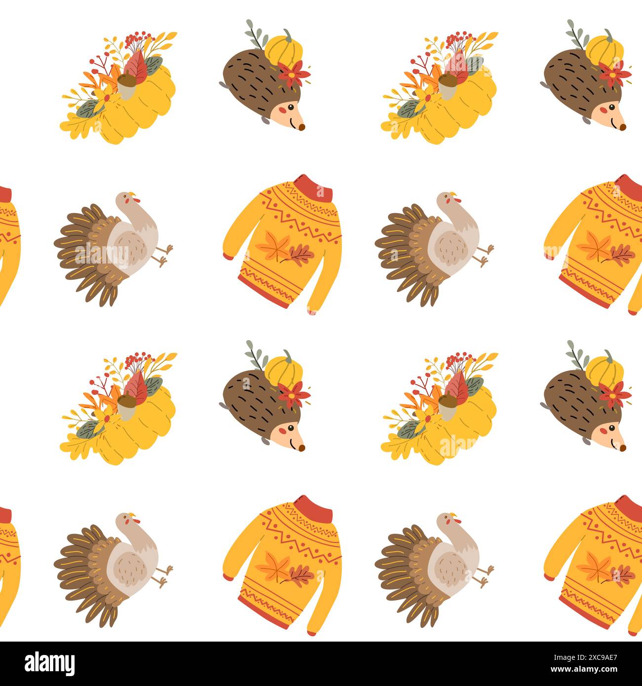 Fall thanksgiving pattern with autumn leaves and plants, animals. Cute ...