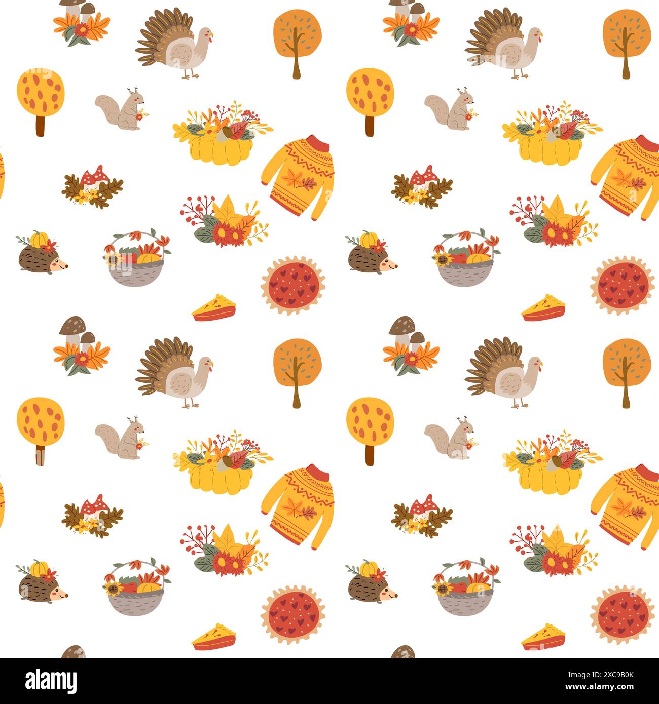 Fall thanksgiving pattern with autumn leaves and plants, animals. Cute ...