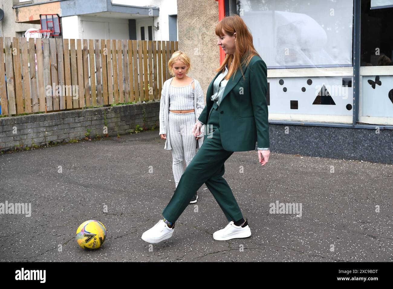 Deputy Labour leader Angela Rayner playing football with children at ...