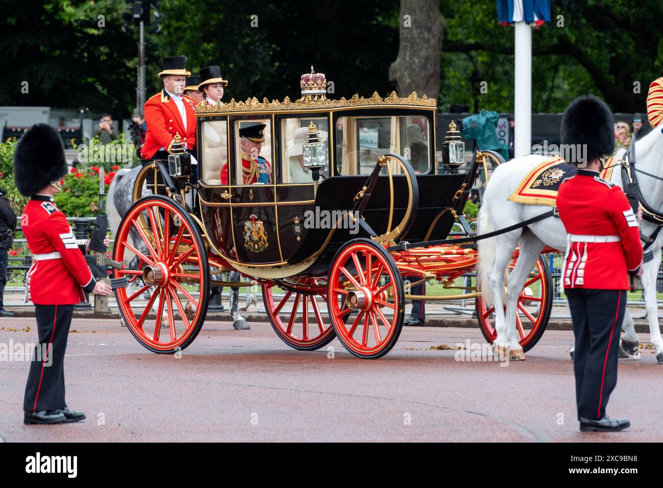 London, UK. 15 June 2024. King Charles III and Queen Camilla depart in ...