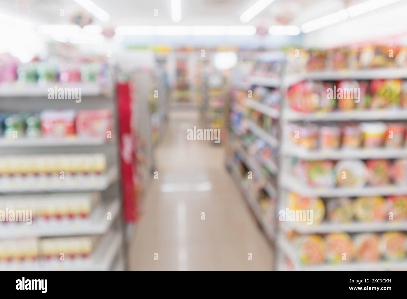 Abstract blur supermarket convenience store aisle and product shelves ...