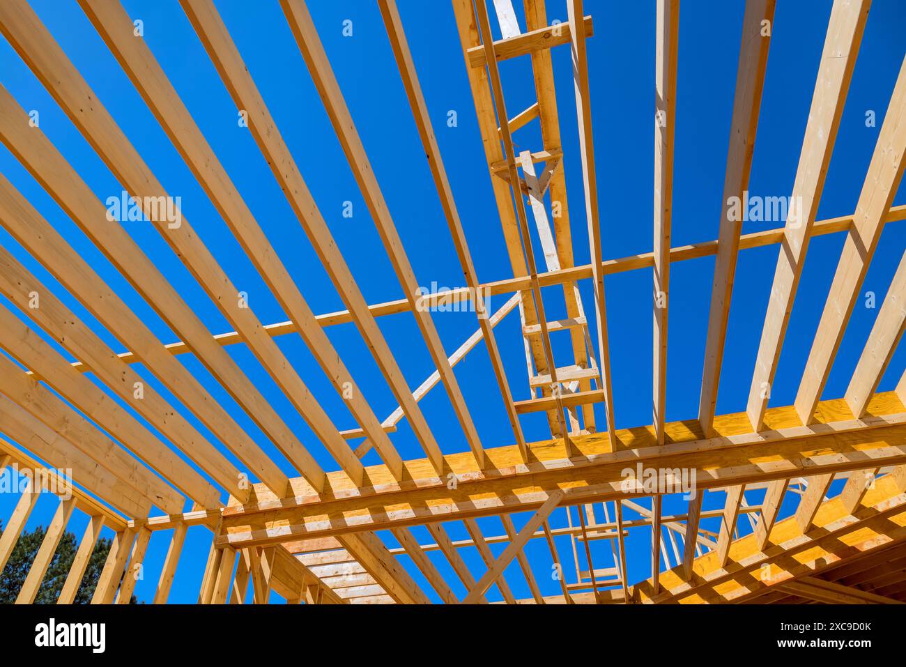 During construction of new home, ceiling rafter framework beams were installed Stock Photo - Alamy