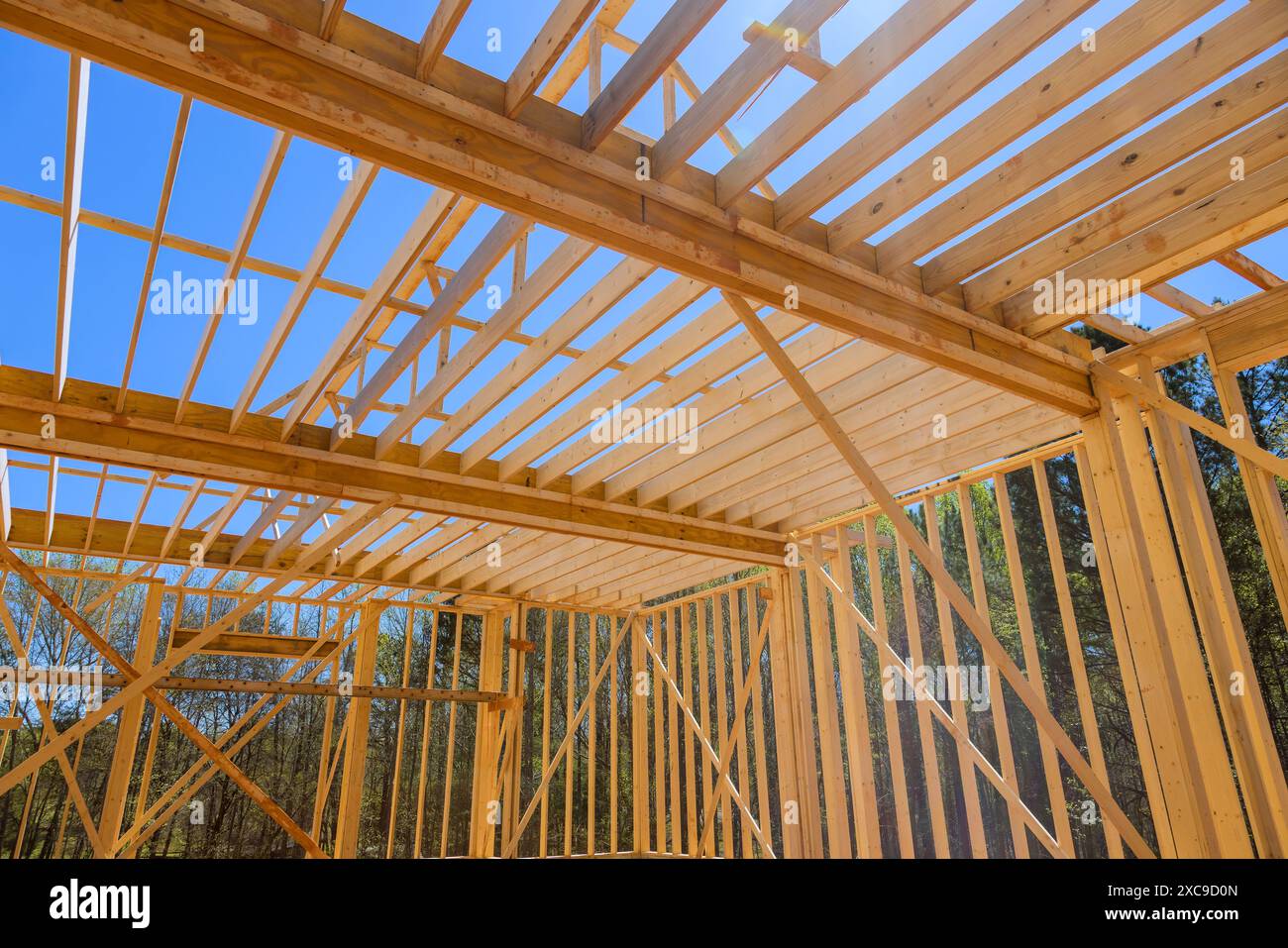 Ceiling rafter framework beams were installed during construction of ...