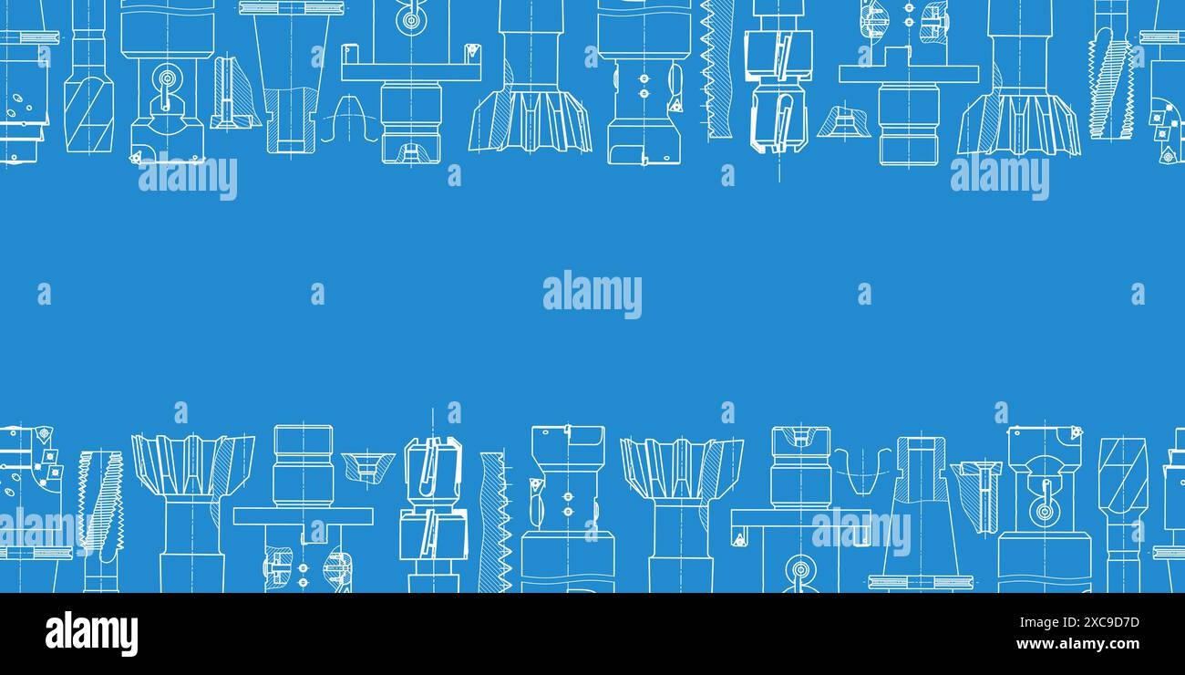 Mechanical engineering drawings on blue background. Tap tools, borer ...