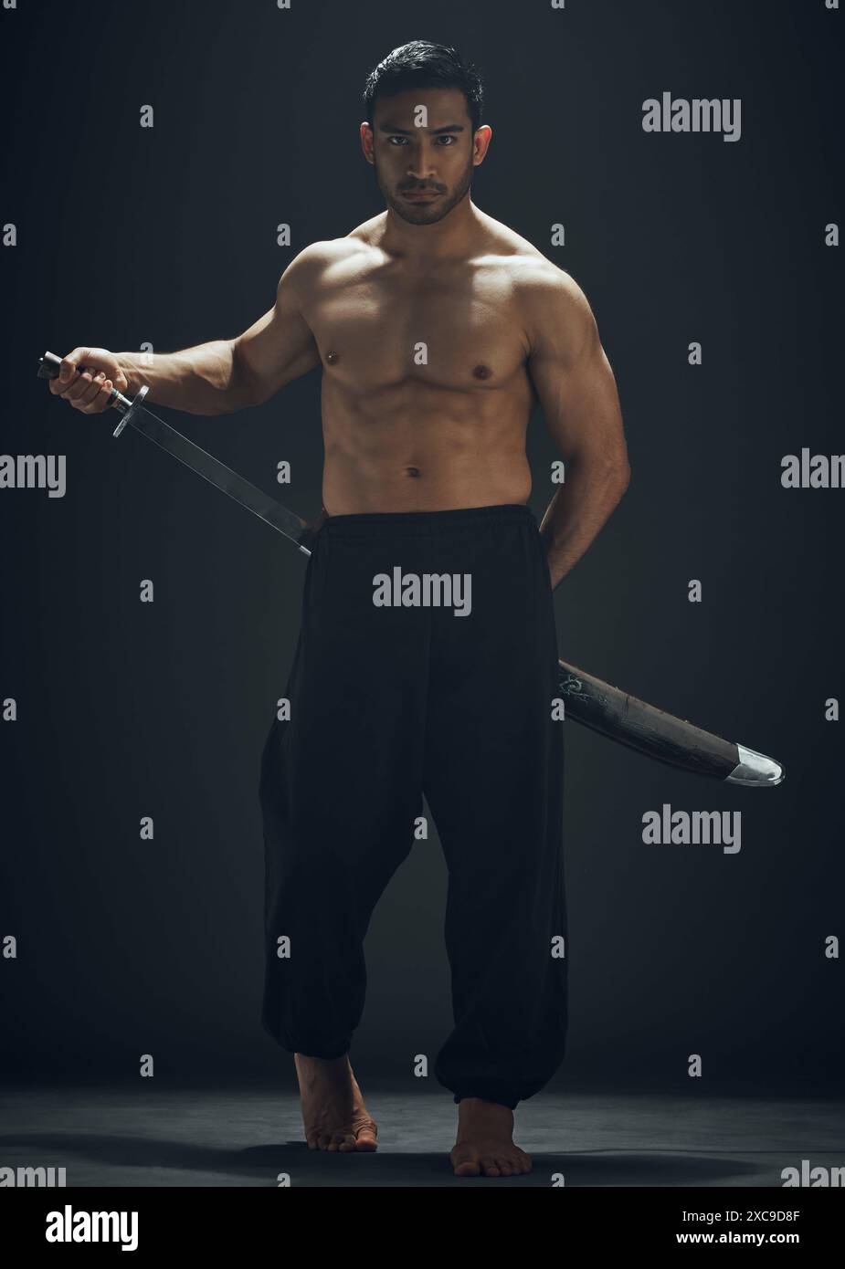 Ninja, portrait and samurai blade in studio for training, battle and ...