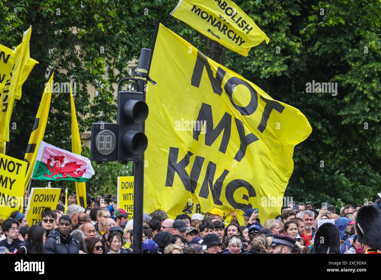 London, UK. 15th June, 2024. A "Not My King" anti-Royalist fraction ...