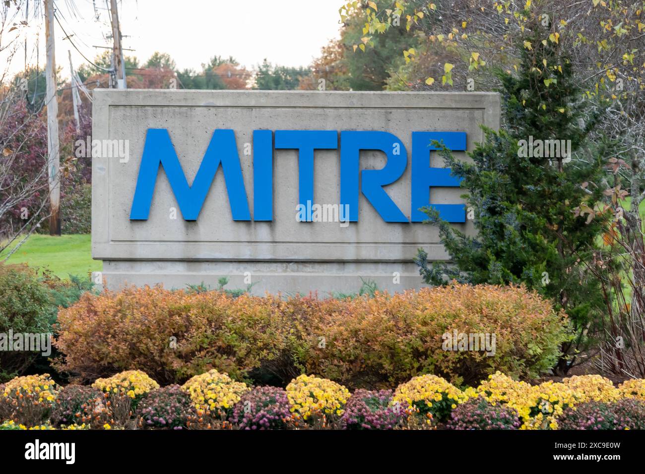 MITRE sign at its headquarters at Bedford Campus in Bedford, MA, USA ...