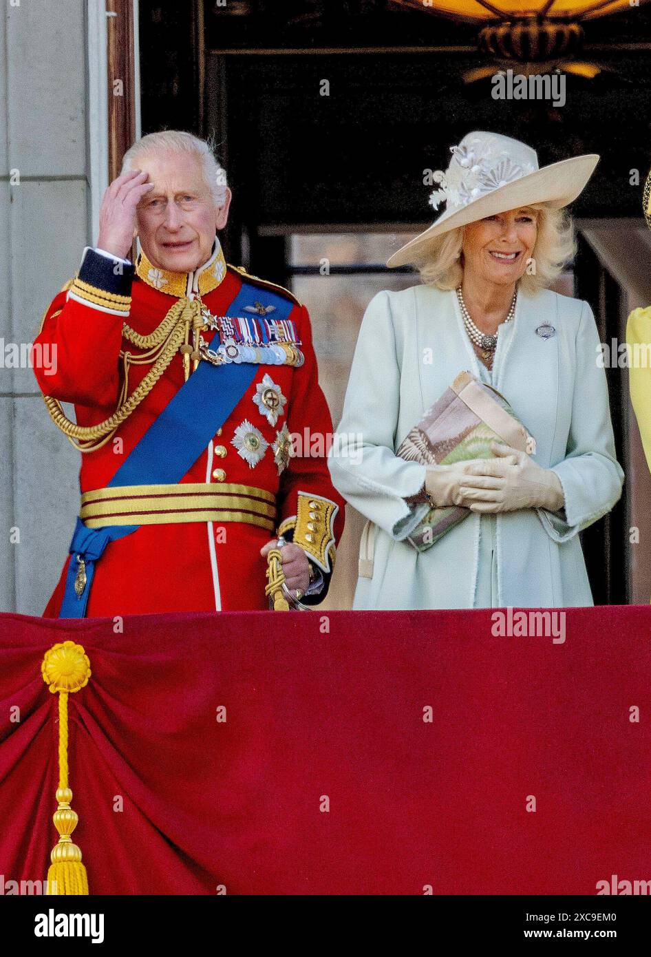 King Charles III and Camilla, Queen consort at the balcony of ...
