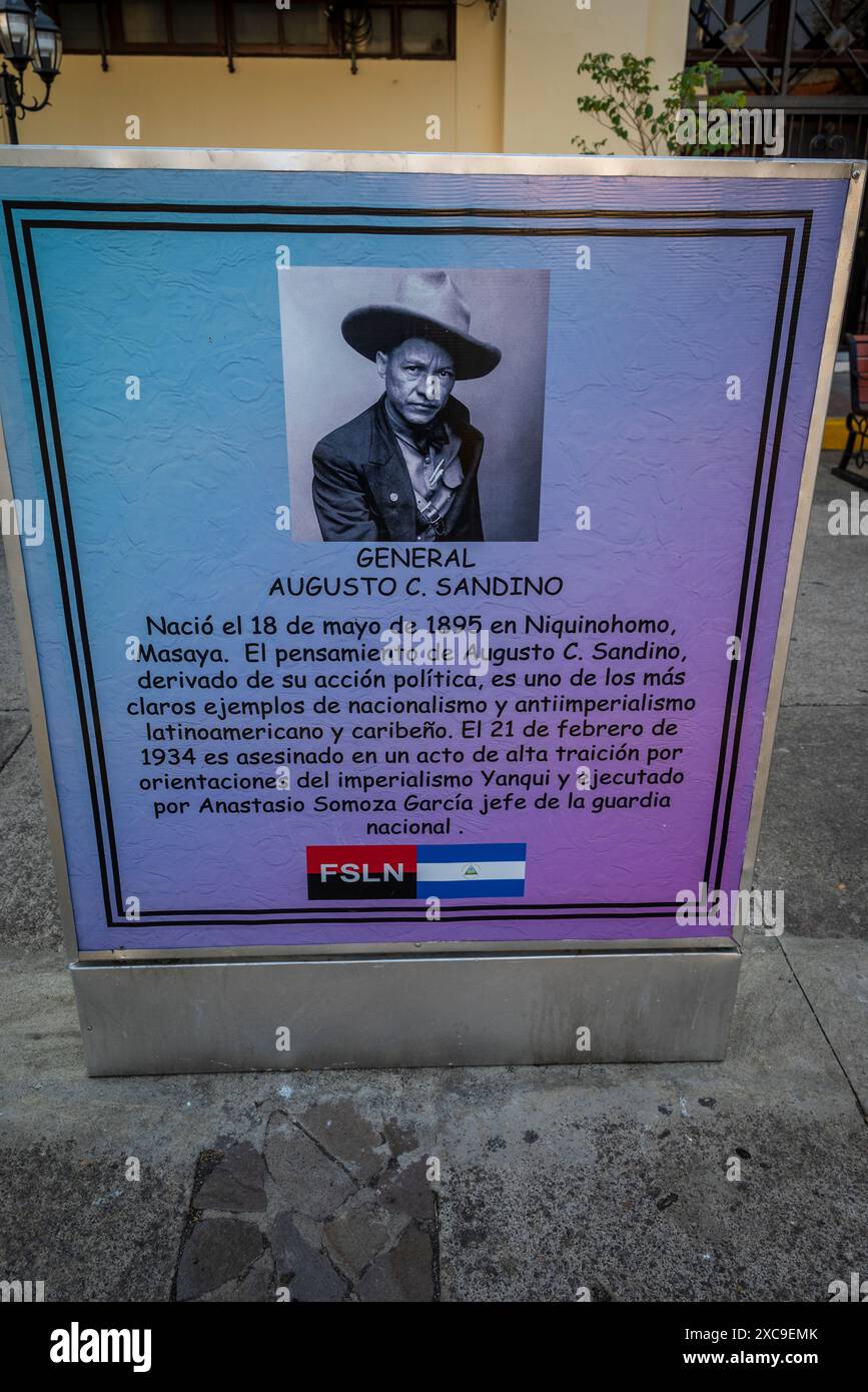 Free-standing memorial plaque honouring general Augusto Sandino, Nicaraguan revolutionaries ...
