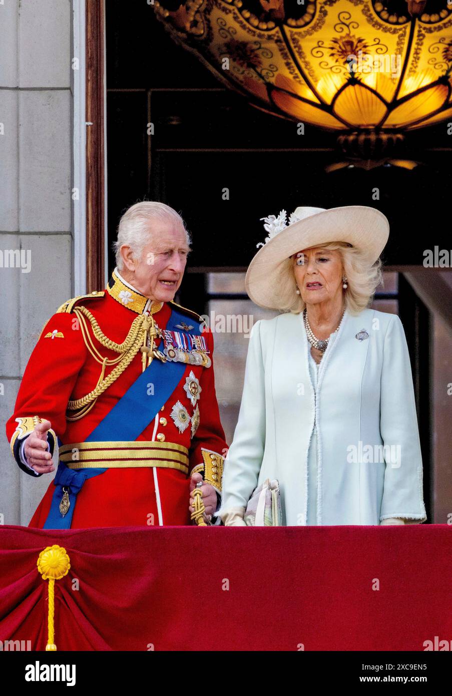 King Charles III and Camilla, Queen consort at the balcony of ...
