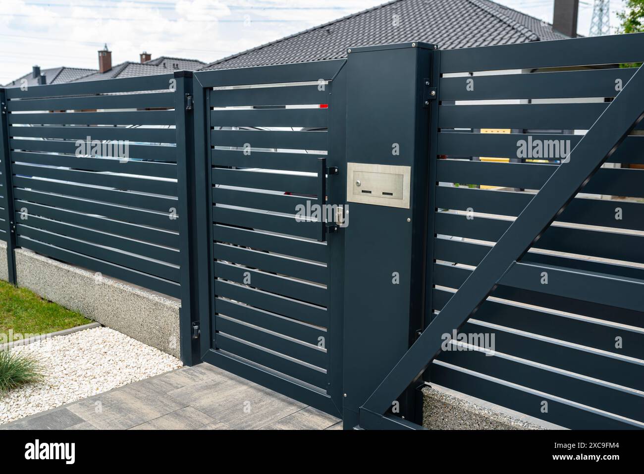 A modern panel fence in anthracite color, a visible sliding gate to the ...