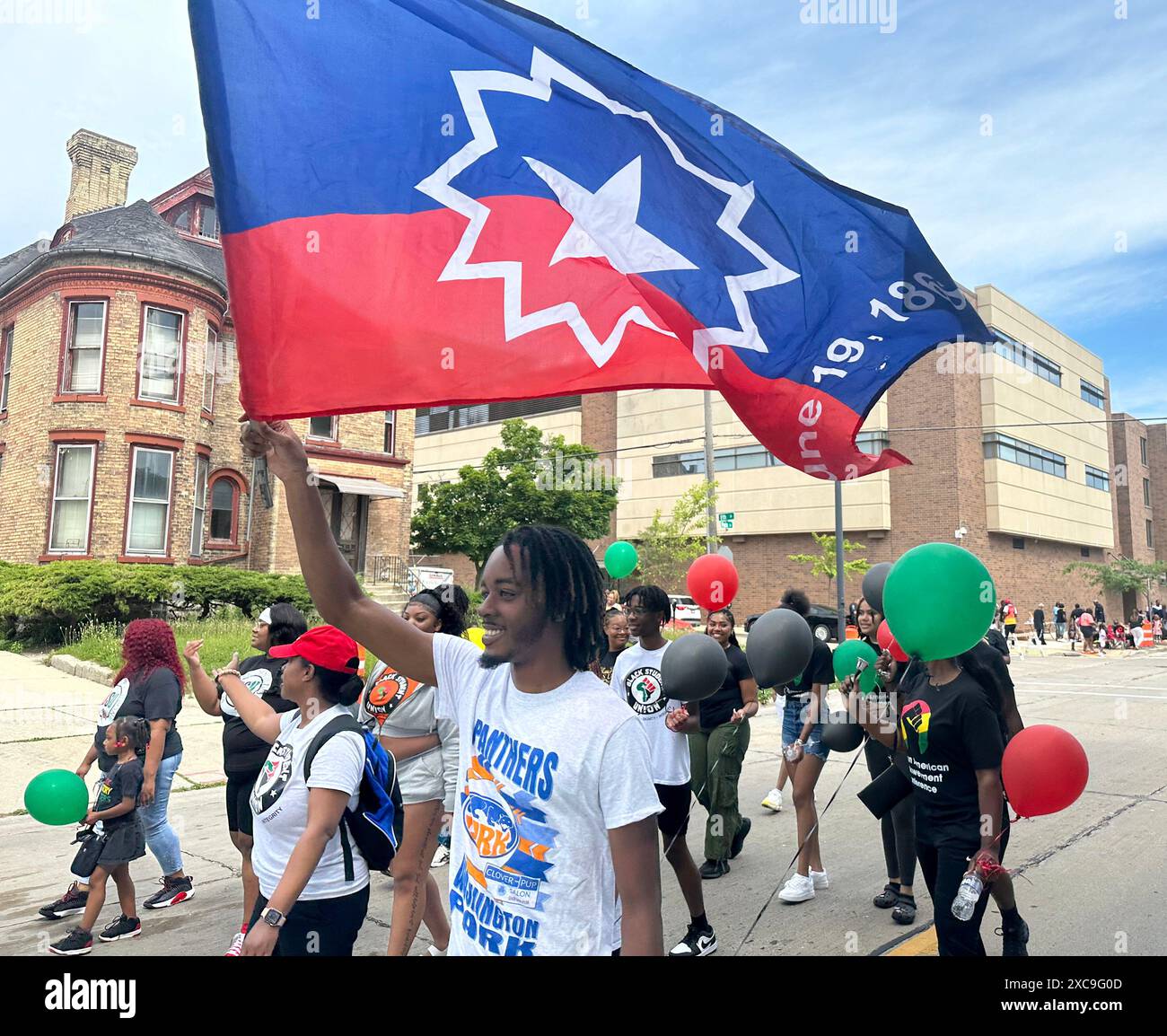 Racine, Wisconsin, USA. 15th June, 2024. The Juneteenth Day flag is ...