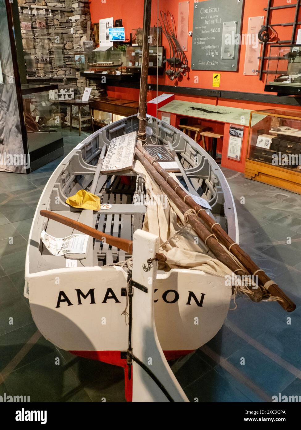A Swallows and Amazons boat in the Coniston museum, Lake District, UK ...