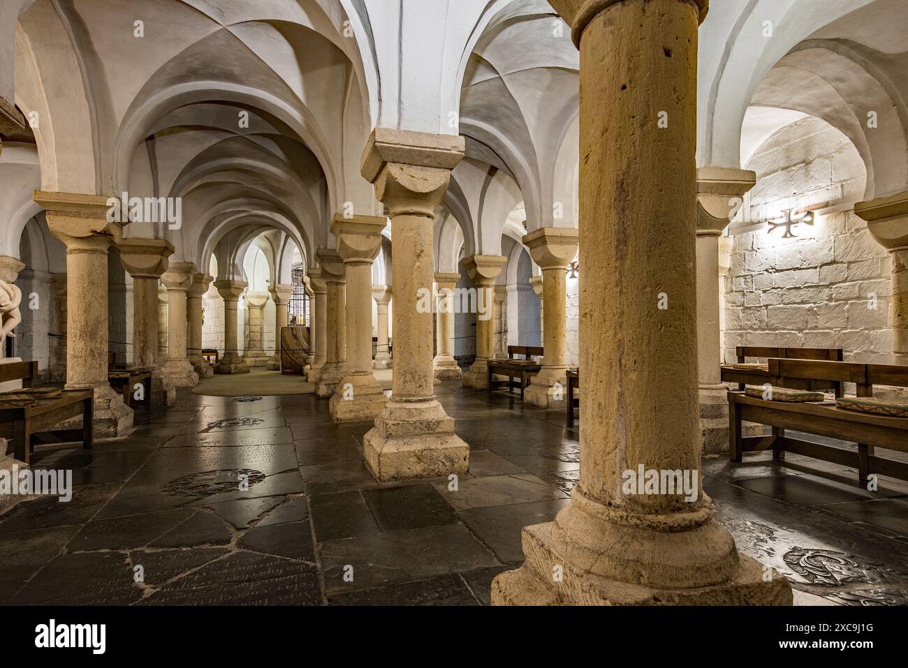The crypt at Worcester cathedral was built in 1084.It has clusters of ...