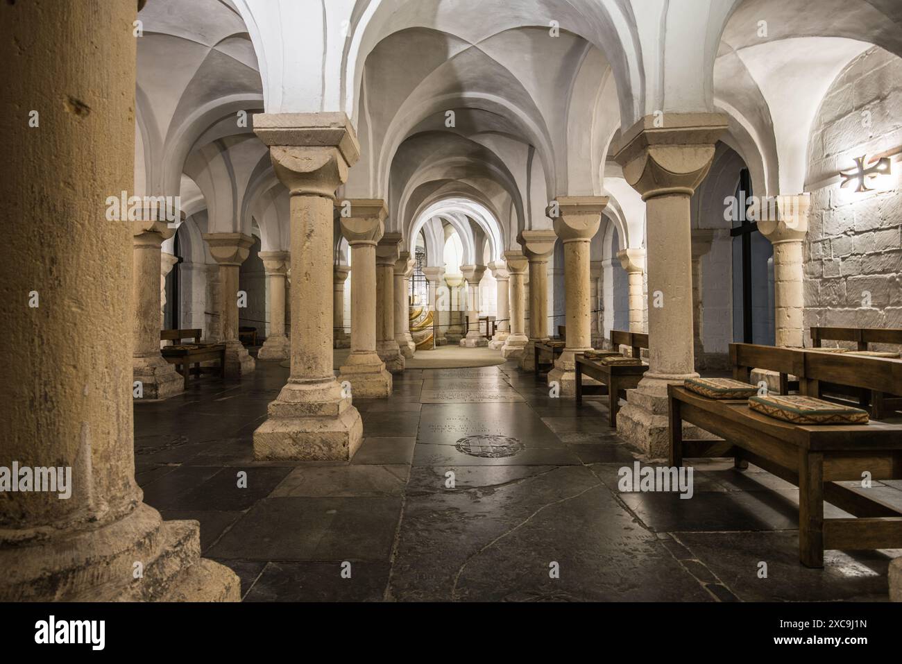 The crypt at Worcester cathedral was built in 1084.It has clusters of ...