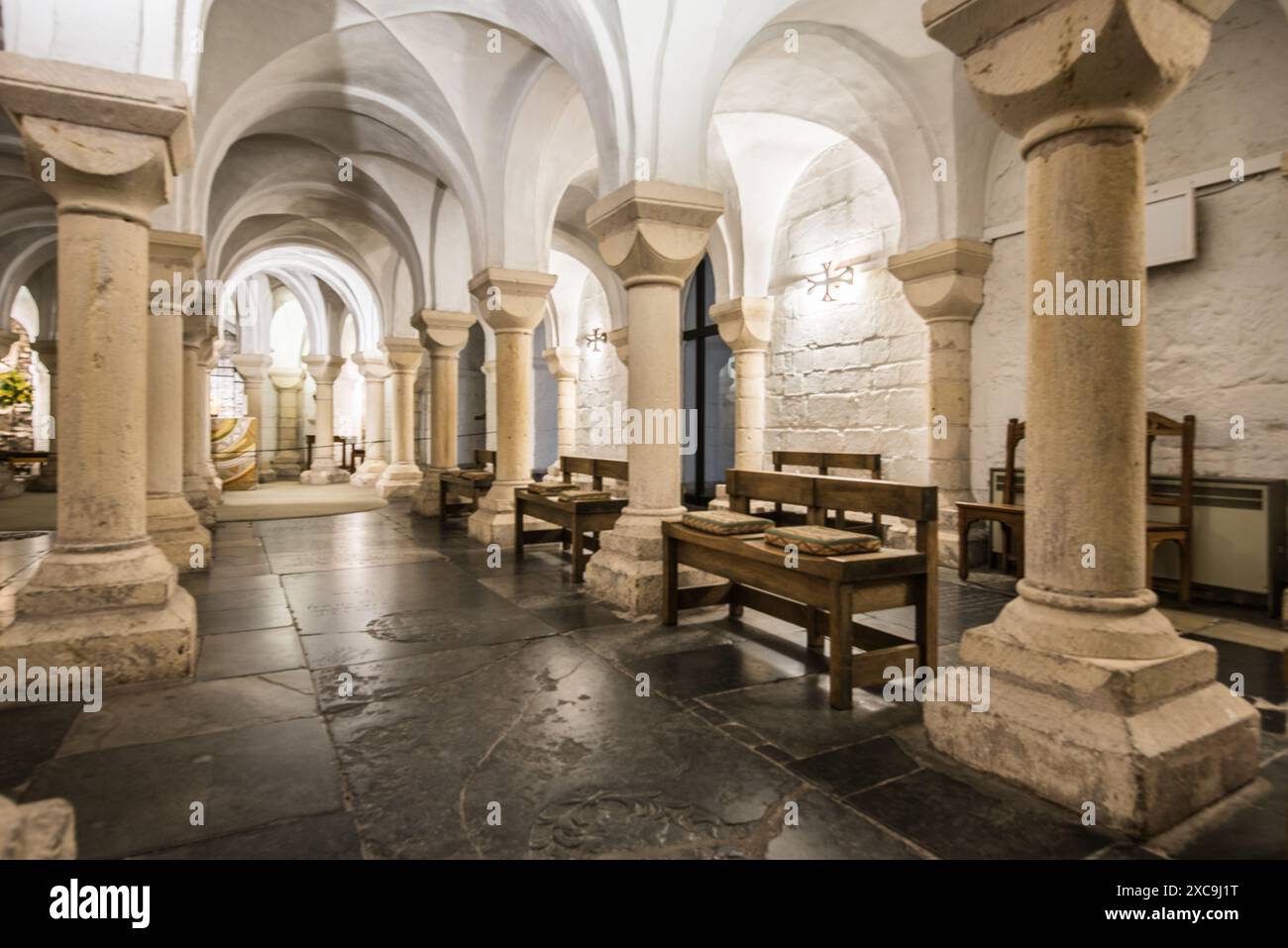 The crypt at Worcester cathedral was built in 1084.It has clusters of ...